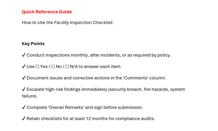 Facility Inspection Checklist - Alpha Defense